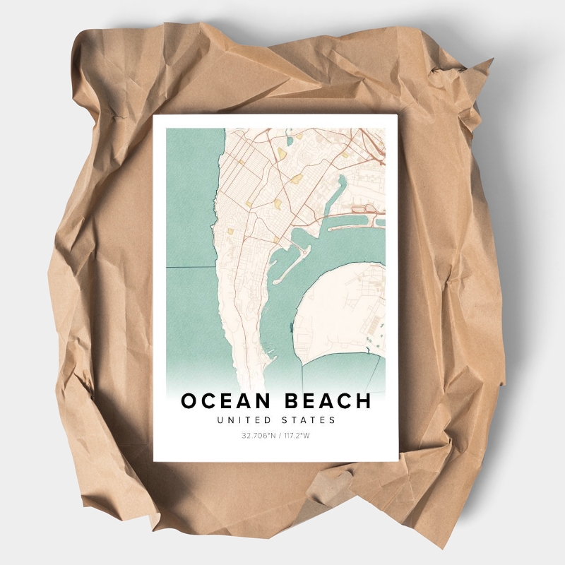 Beautiful poster of Ocean beach, Streetmap poster - Mapiful